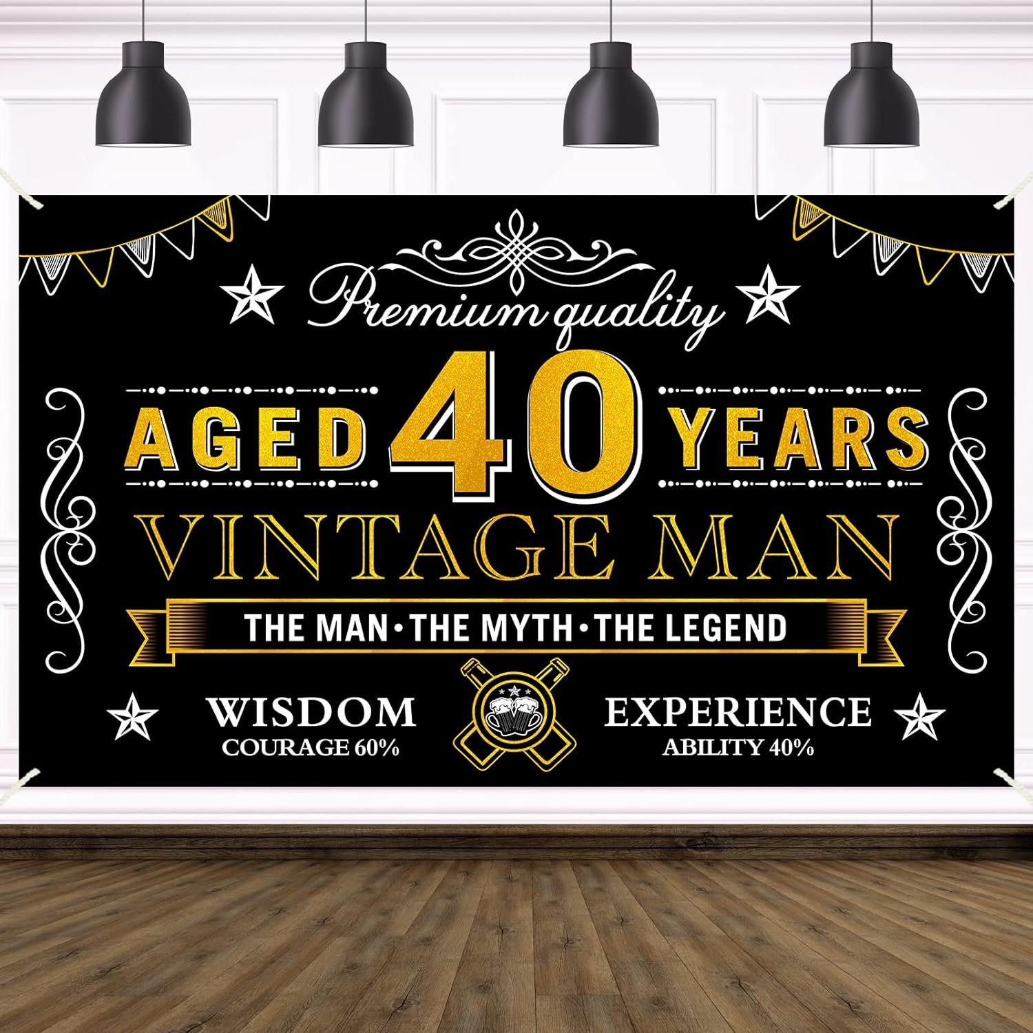 Black and Gold 40th Birthday Banner Backdrop Mens 40th Birthday ...