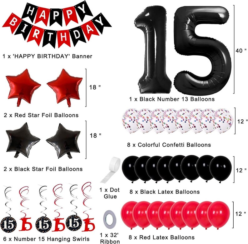 15th Birthday Decorations for Boys and Girls Black and Red, Black ...