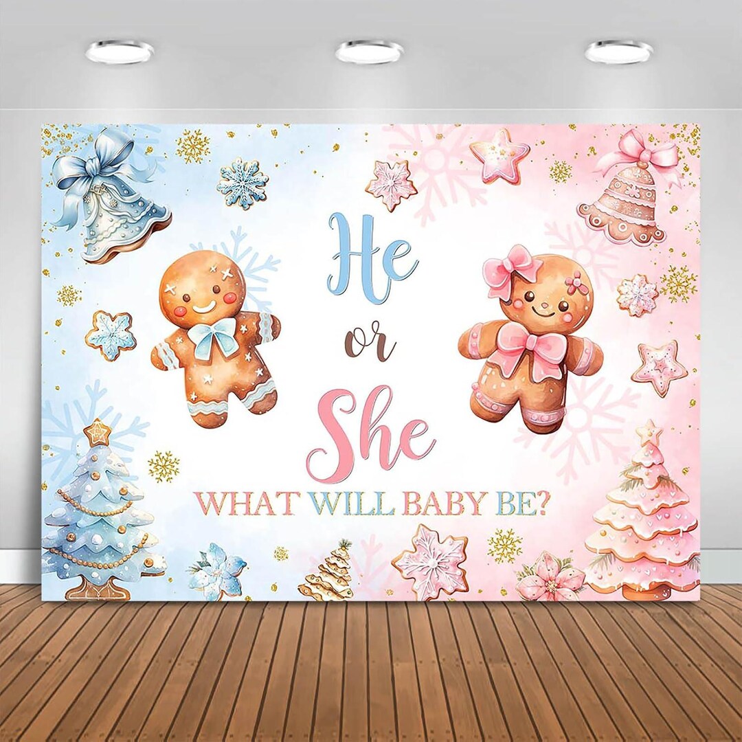 Christmas Gender Reveal Backdrop Banner, Gingerbread Gender Reveal He ...