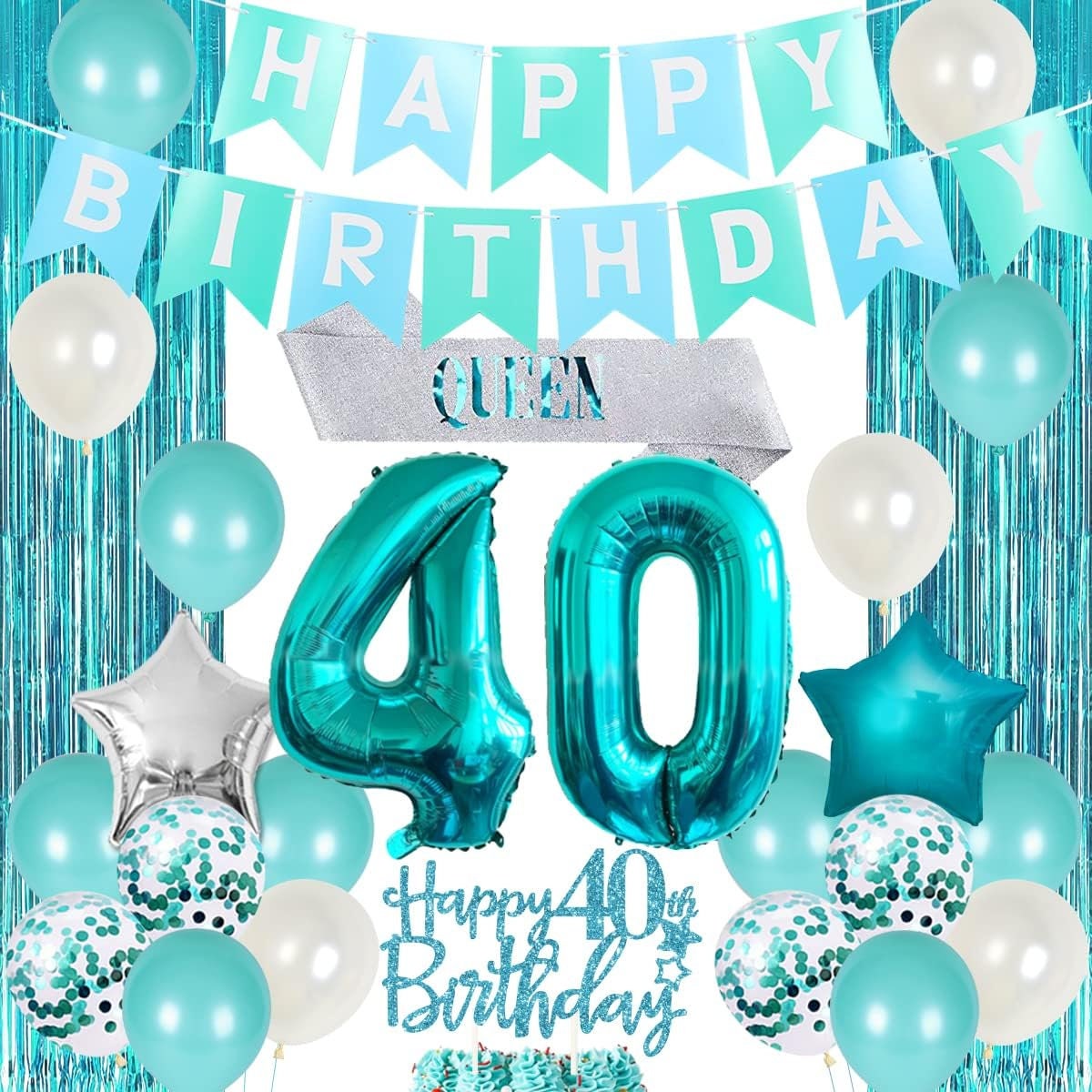 40th Birthday Decorations Teal and Silver, Teal Blue Number 40 Balloon ...