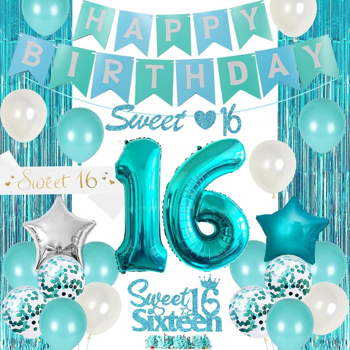 16th Birthday Decorations for Girls Teal and Silver, Teal Blue Number ...
