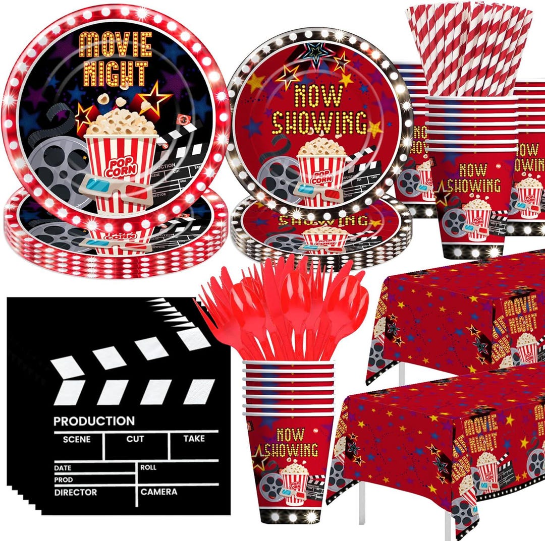 Movie Night Party Plates, Napkins, Cups, Tablecloth Disposable ...