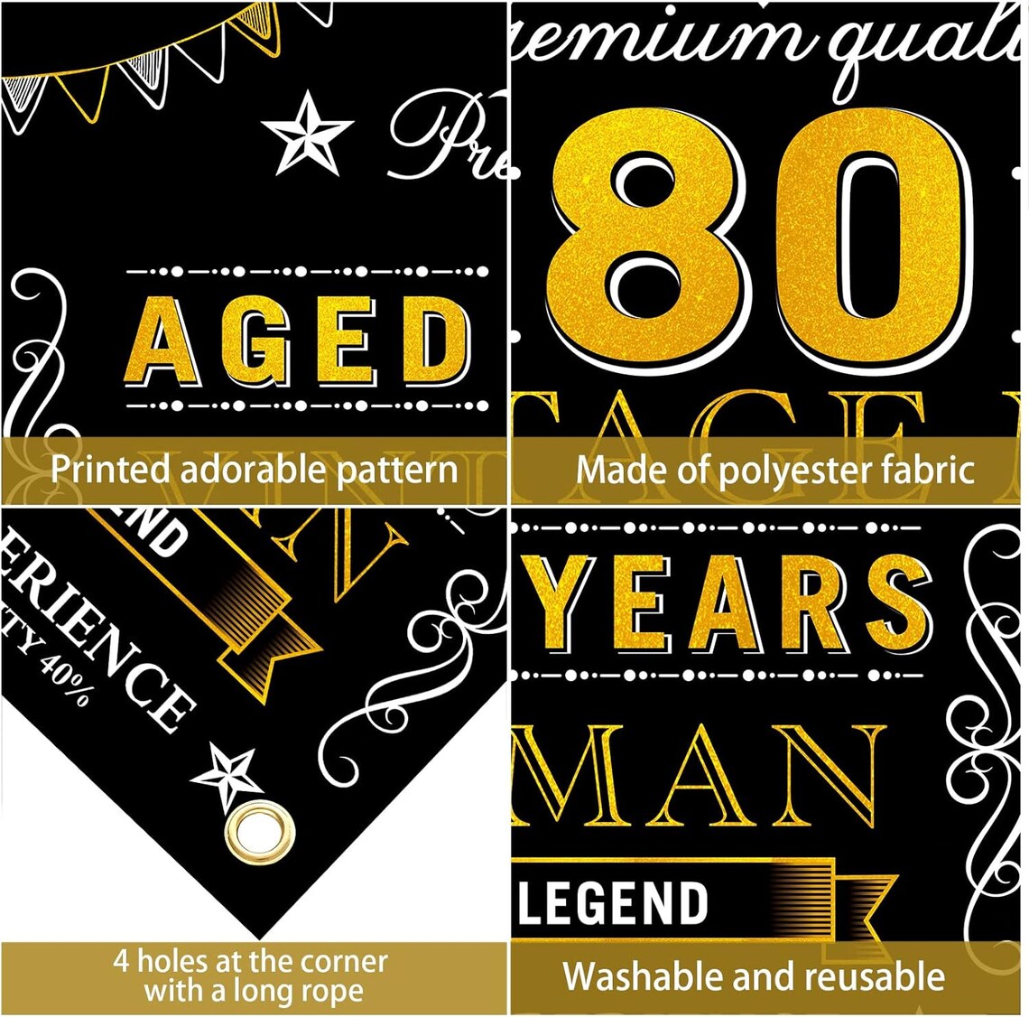 Black and Gold 80th Birthday Banner Backdrop Mens 80th Birthday ...