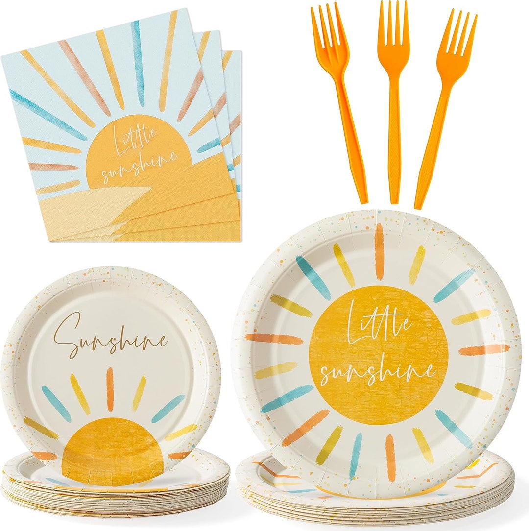 Sunshine Party Plates, Napkins, Forks Disposable Tableware Serves 24 ...