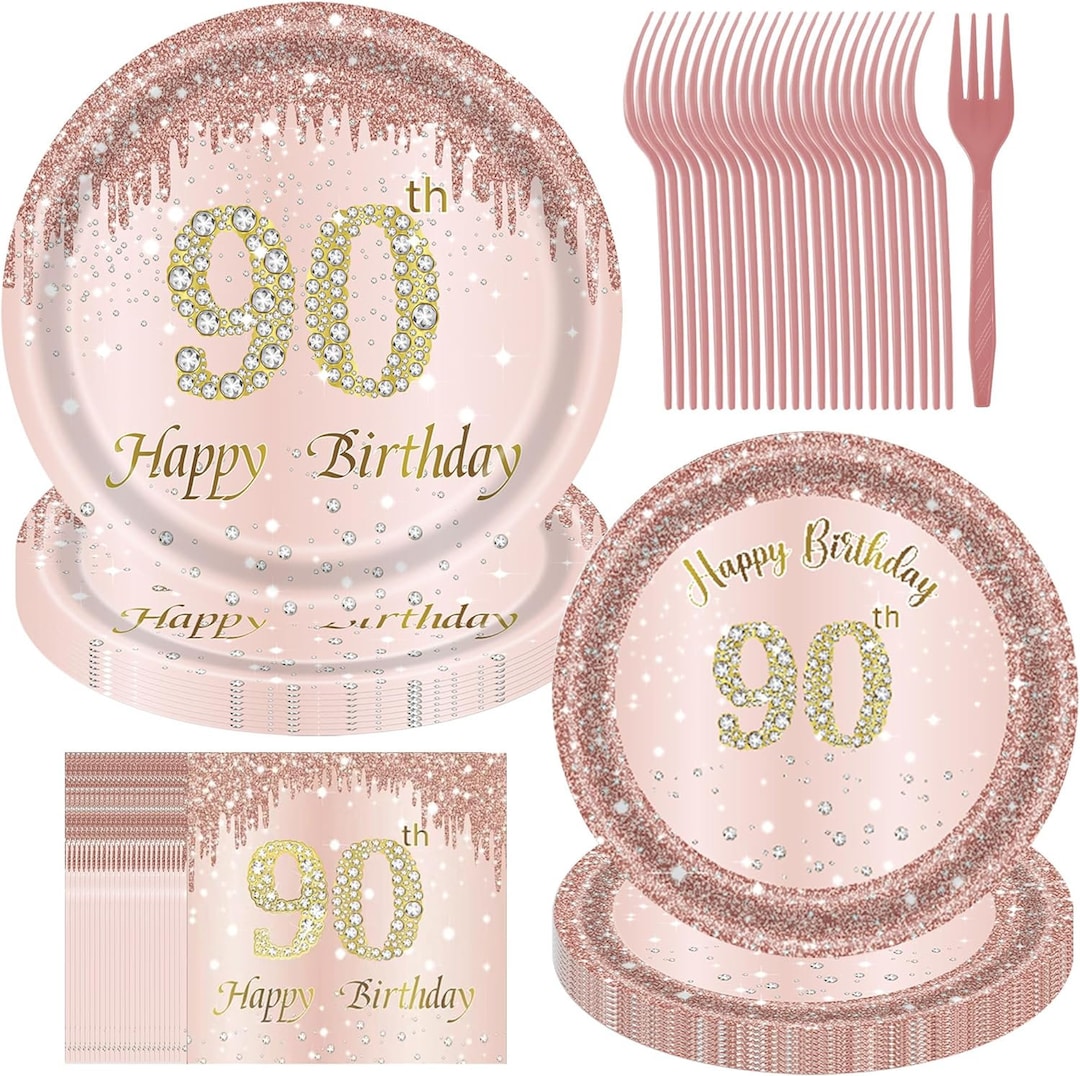 Rose Gold 90th Birthday Party Plates, Napkins, Forks Disposable ...