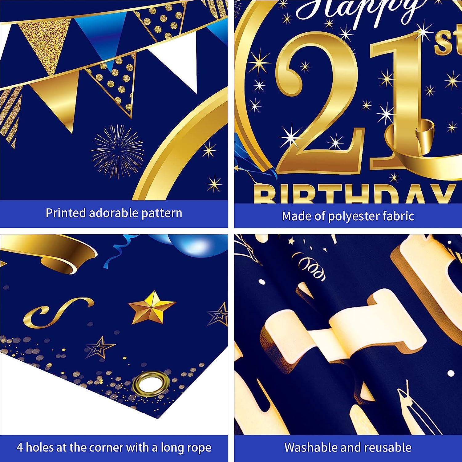 21st Birthday Banner Backdrop Decorations Girl and Boy Blue and Gold ...
