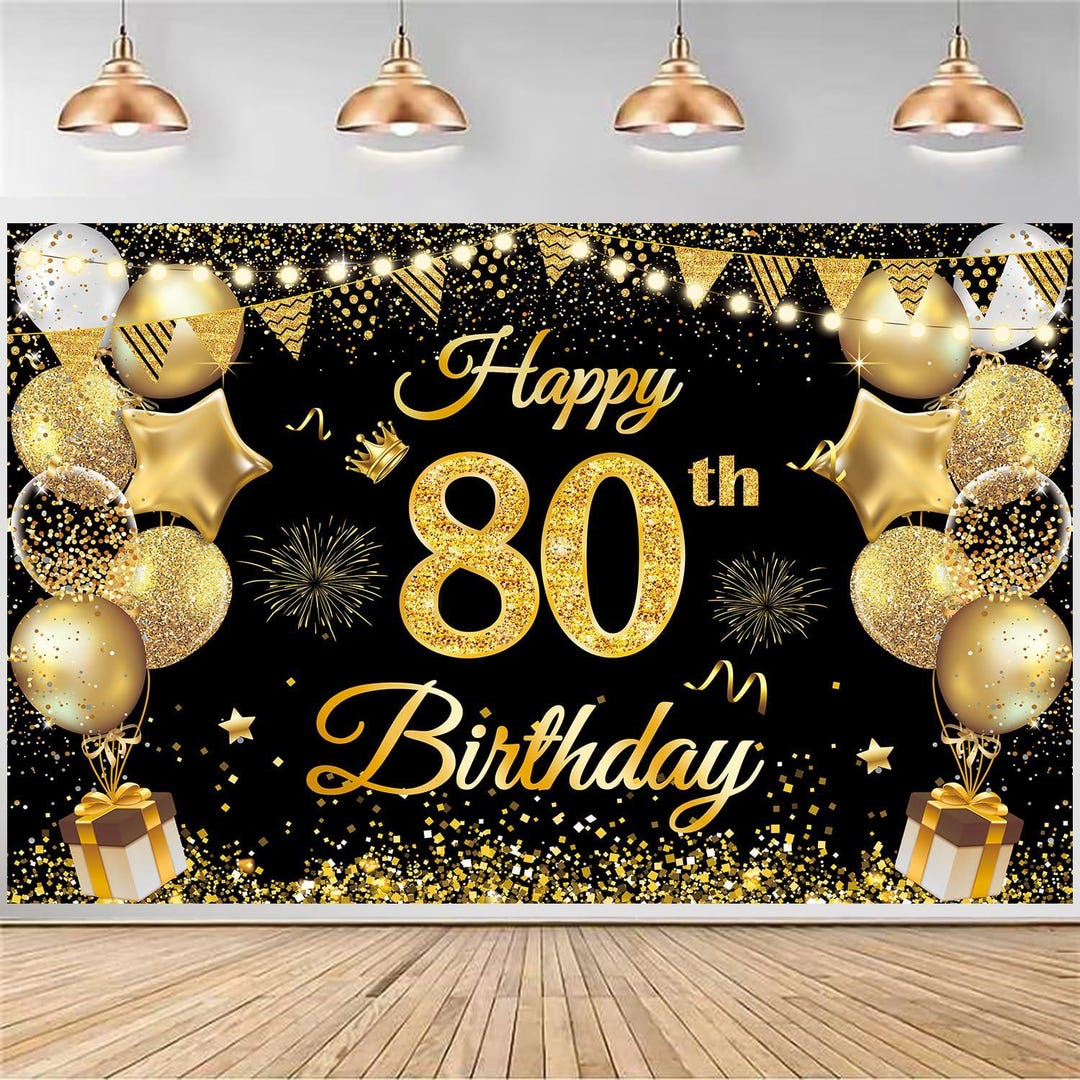 Black and Gold 80th Birthday Banner Backdrop Mens 80th Birthday ...