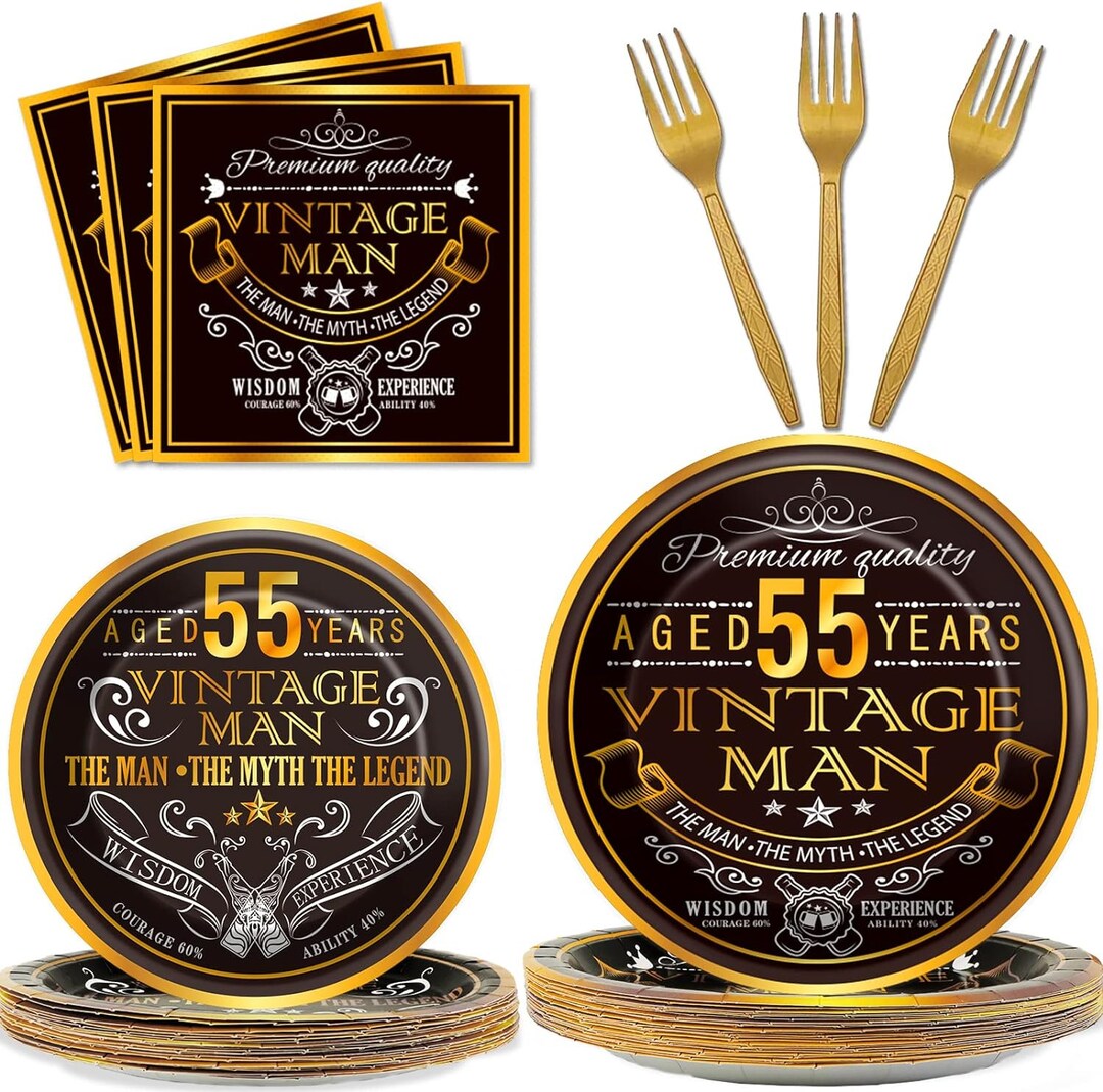 Black and Gold 55th Birthday Party Plates, Napkins, Forks Disposable ...