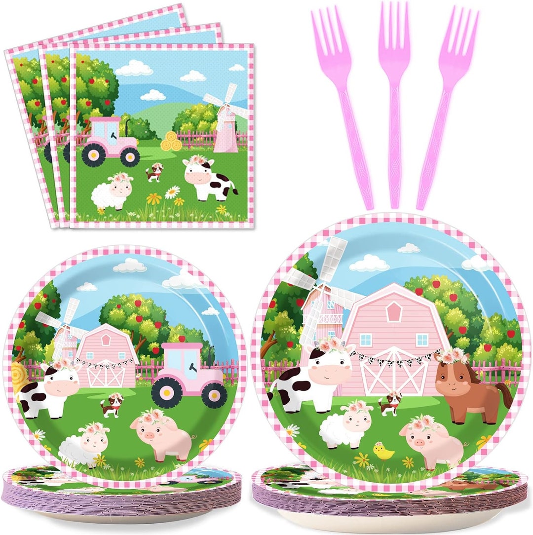 Farm Animals Party Tableware Serves 24, Pink Barn Farm Animals Birthday ...