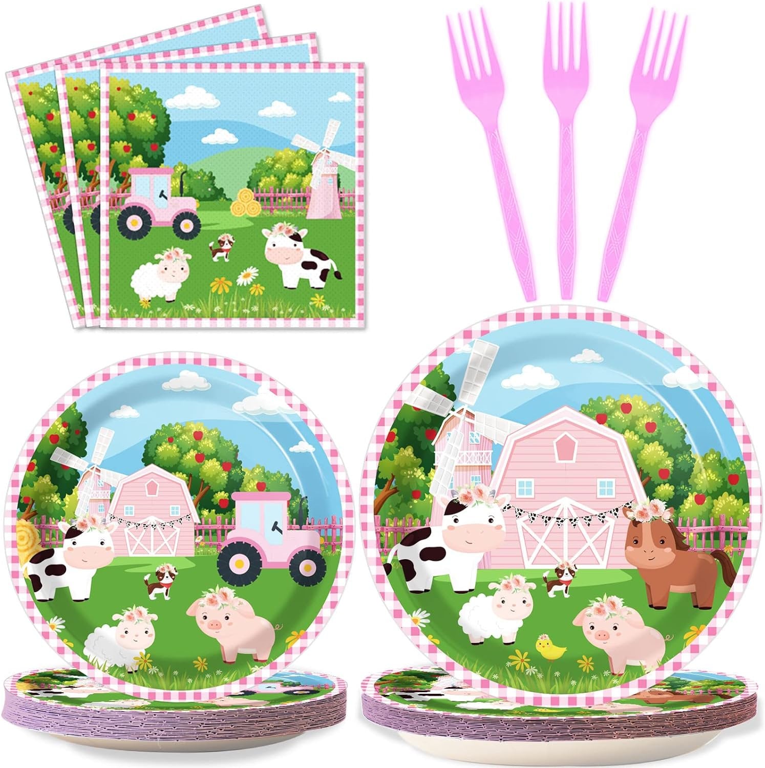 Farm Animals Party Tableware Serves 24, Pink Barn Farm Animals Birthday ...