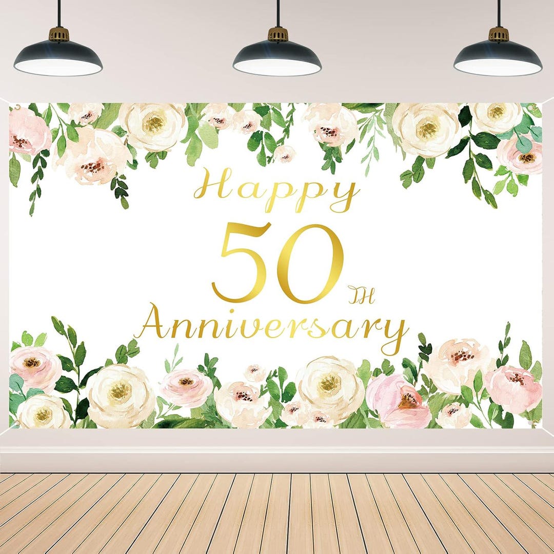 50th Anniversary Banner Backdrop Floral Gold 50 Years Anniversary ...