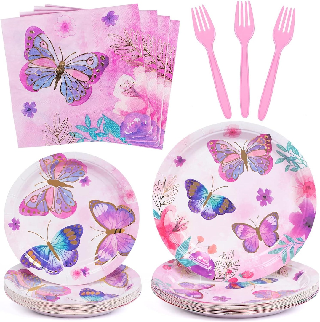 Butterfly Party Plates, Napkins, Forks Disposable Tableware Serves 24 ...