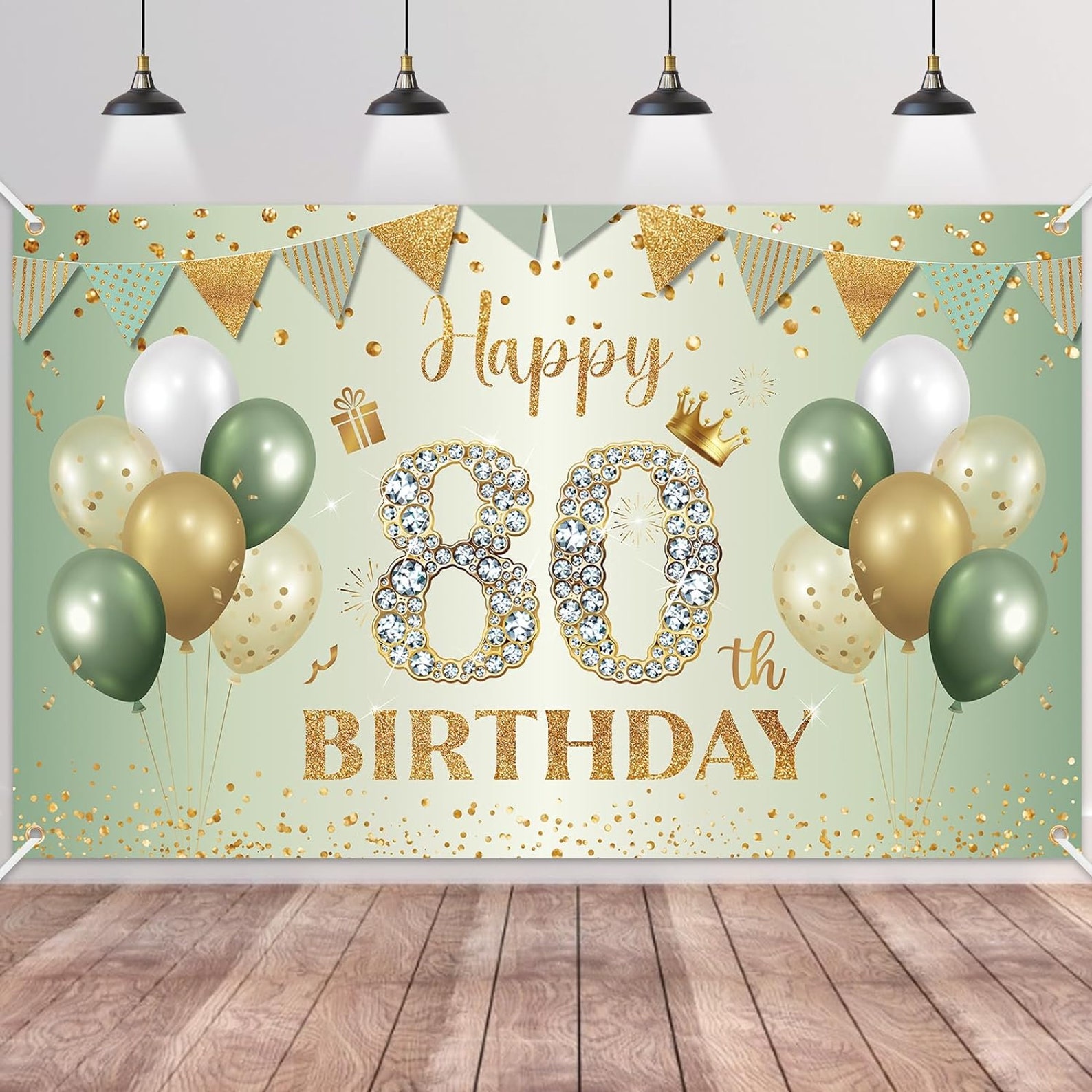 80th Birthday Banner Backdrop Decorations Women Sage Green and Gold ...