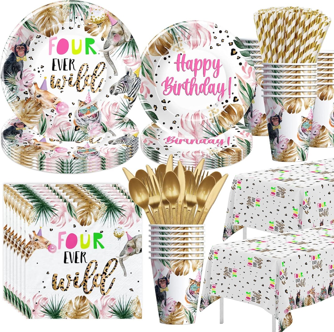 Girls Four Ever Wild Birthday Plates, Napkins, Cups, Tablecloth ...