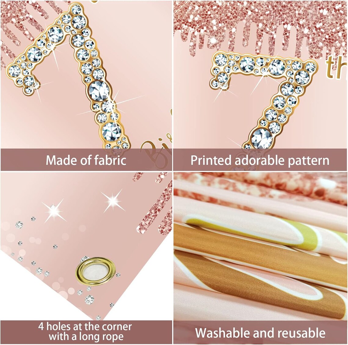 7th Birthday Banner Backdrop Rose Gold Happy 7th Birthday Backdrop ...