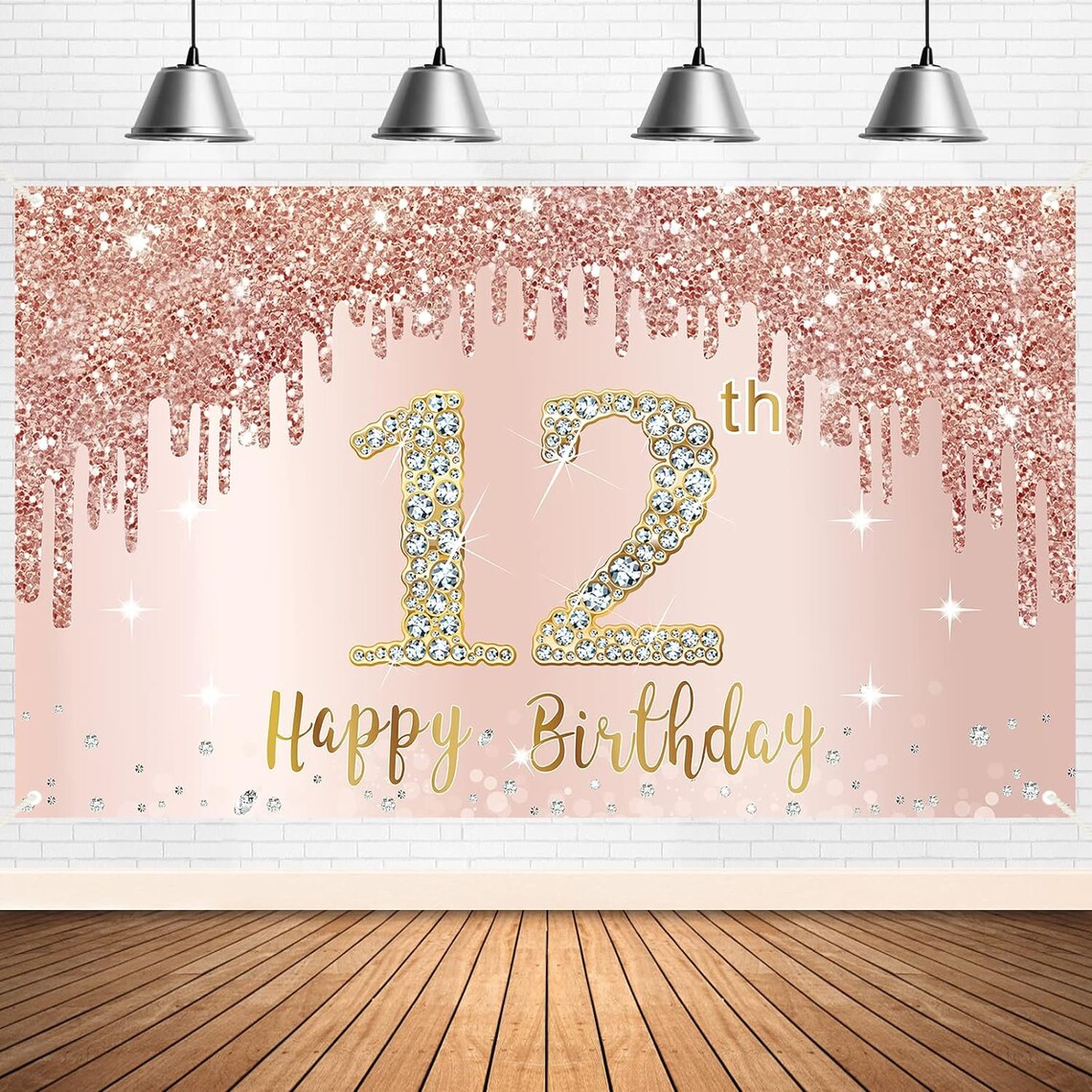 12th Birthday Banner Backdrop Rose Gold Happy 12th Birthday Backdrop ...