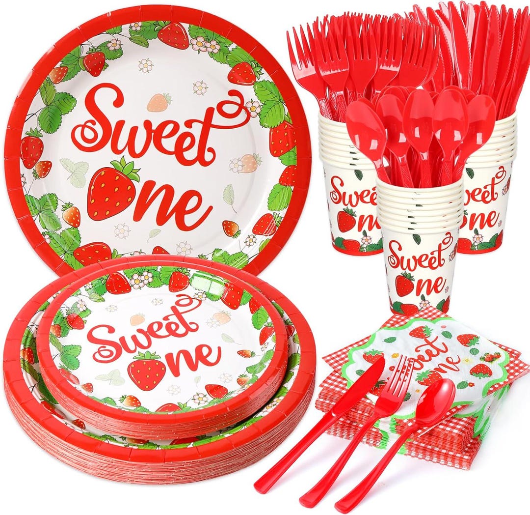 Strawberry 1st Birthday Plates, Napkins, Forks Disposable Tableware ...