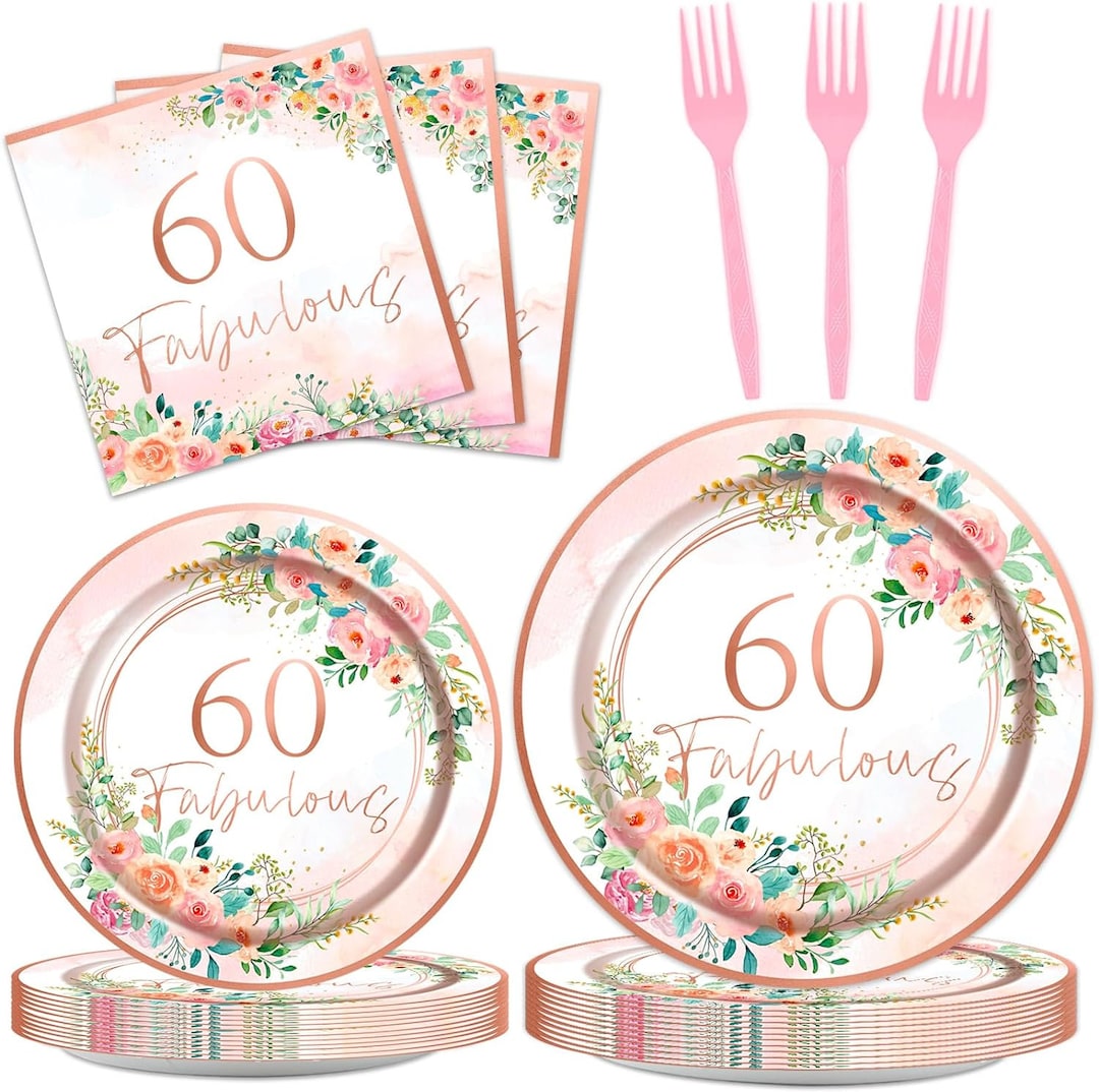 Floral 60th Birthday Party Plates, Napkins, Forks Disposable Tableware ...