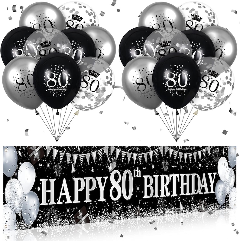 Large 80th Birthday Banner Backdrop and Balloons Decorations Black and ...