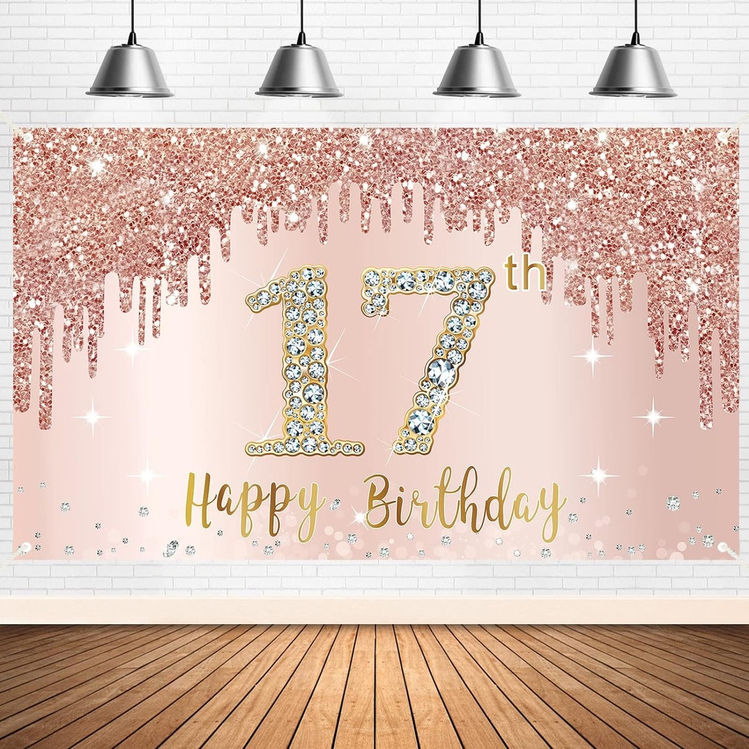 17th Birthday Banner Backdrop Rose Gold Happy 17th Birthday Backdrop ...