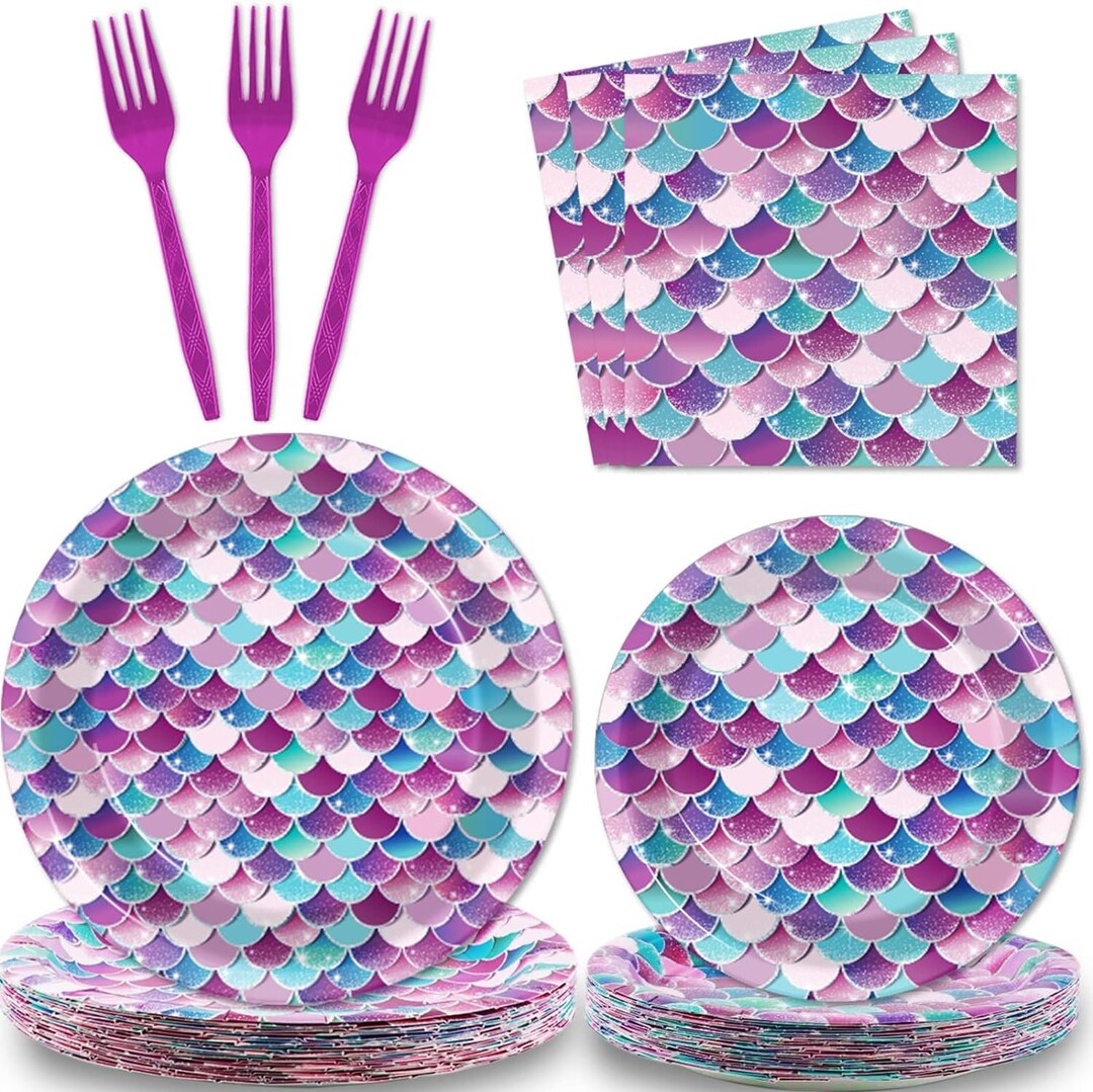 Mermaid Birthday Plates, Napkins, Forks Disposable Tableware Serves 24 ...