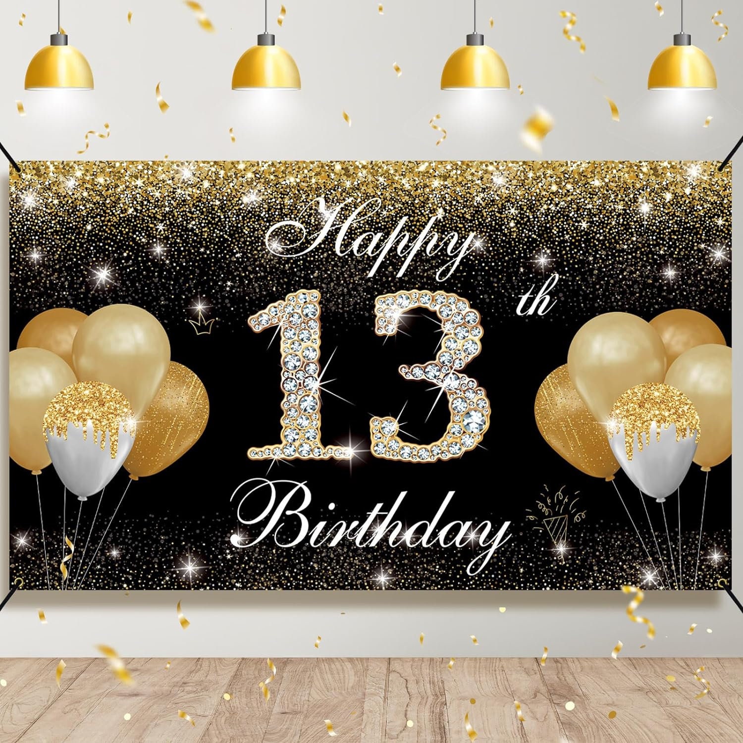 13th Birthday Banner Backdrop Decorations for Girls Black and Gold ...