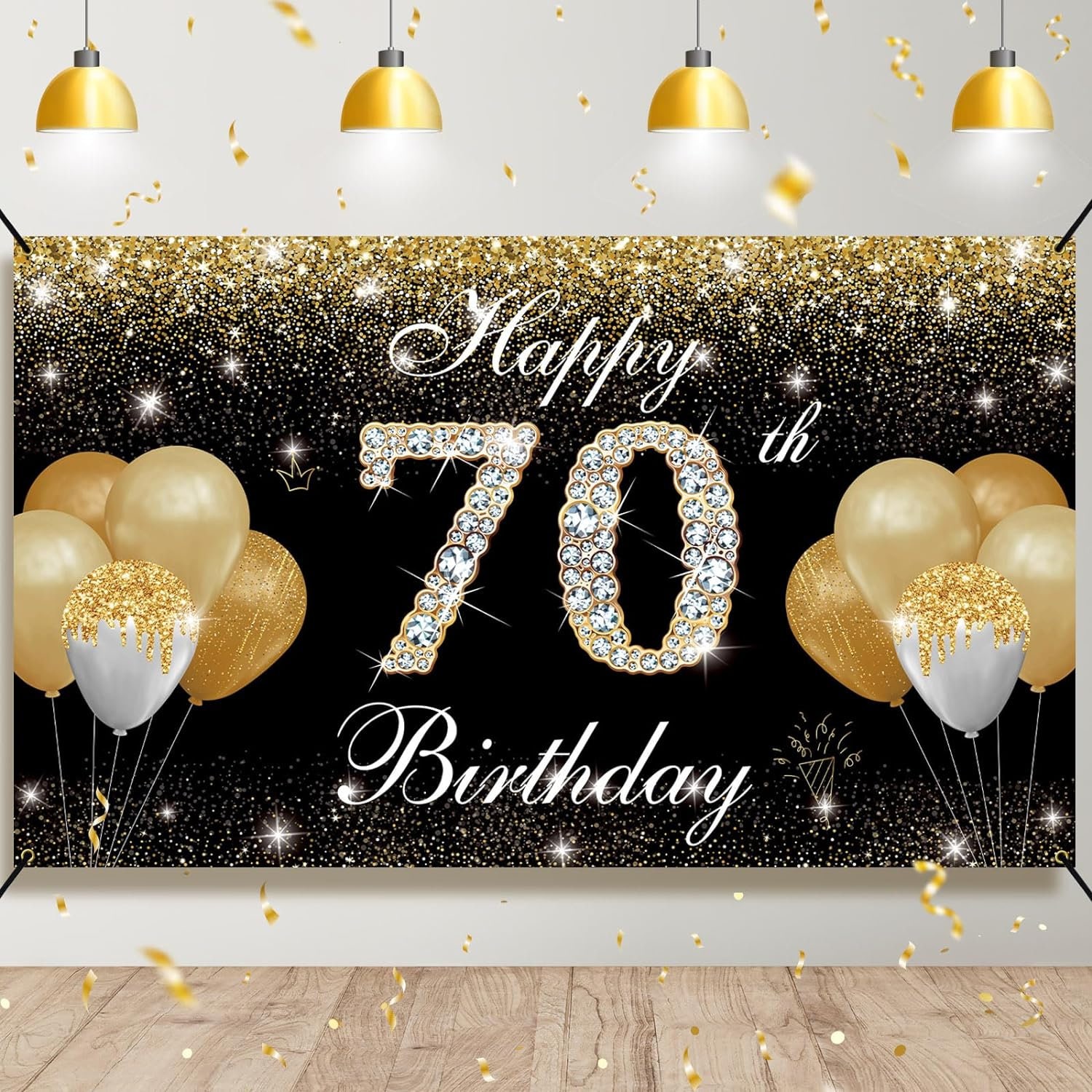 70th Birthday Banner Backdrop Decorations for Women Black and Gold ...