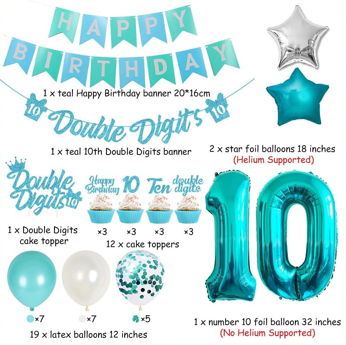 10th Birthday Decorations for Girls Teal and Silver, Teal Blue Number ...