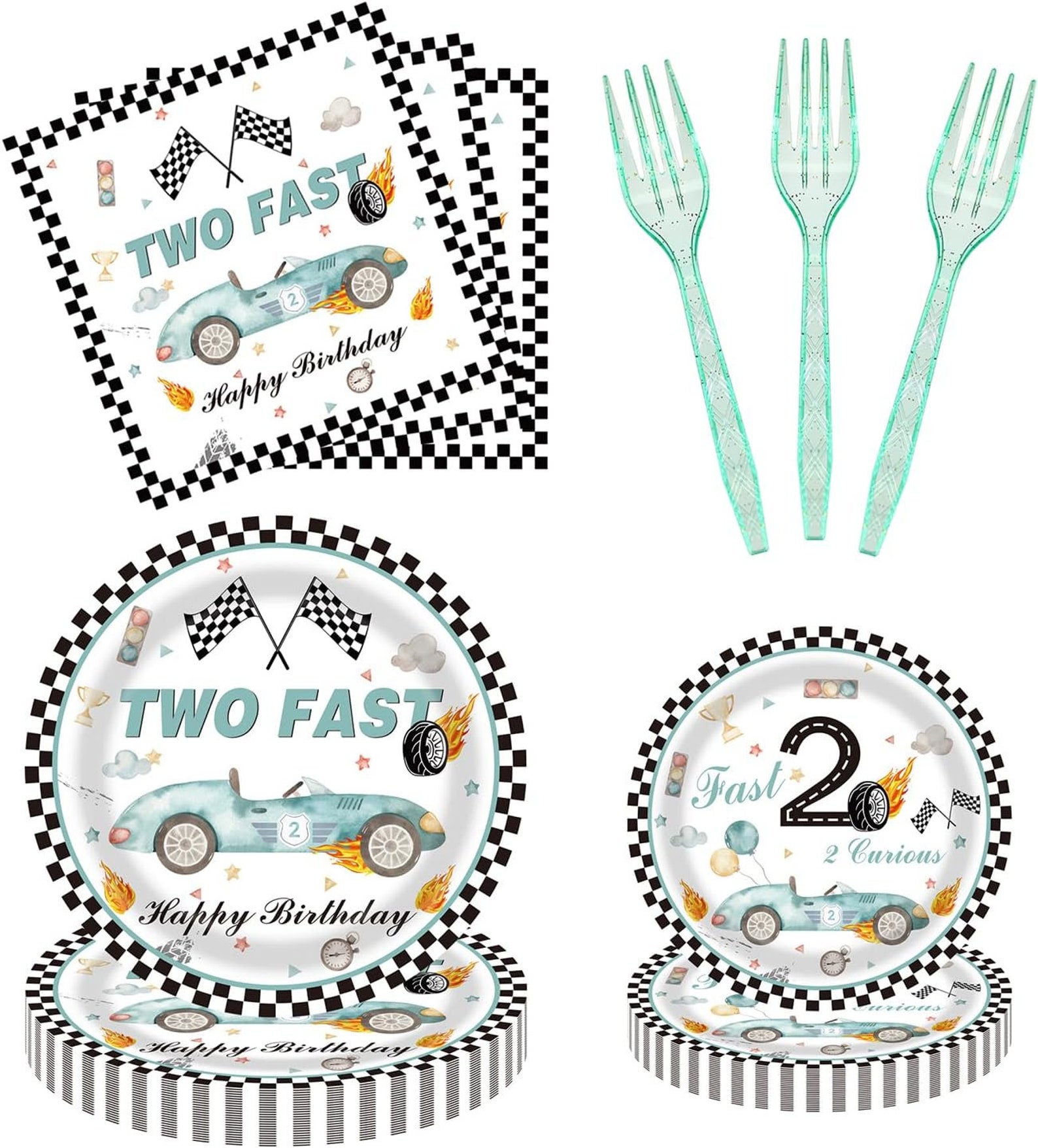 Two Fast Birthday Plates, Napkins, Forks Disposable Tableware Serves 24 ...