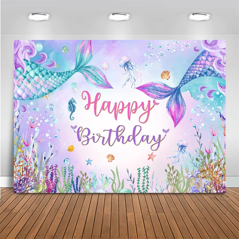 Mermaid Birthday Backdrop Banner, Blue Purple Mermaid Tails Backdrop ...