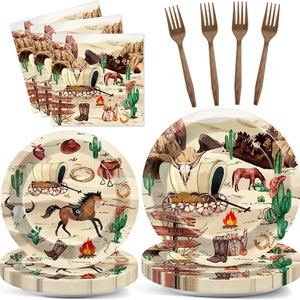Western Cowboy Party Plates, Napkins, Forks Disposable Tableware Serves ...