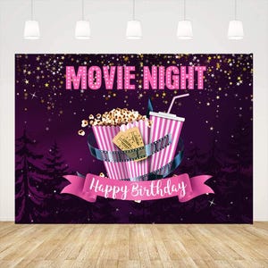 Movie Night Birthday Backdrop Banner, Pink Girls Movie Theater Cinema ...