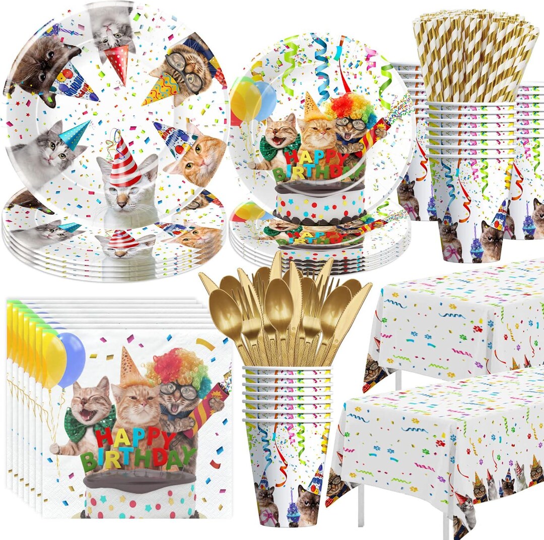 Cat Birthday Plates, Napkins, Cups, Tablecloth Disposable Tableware ...