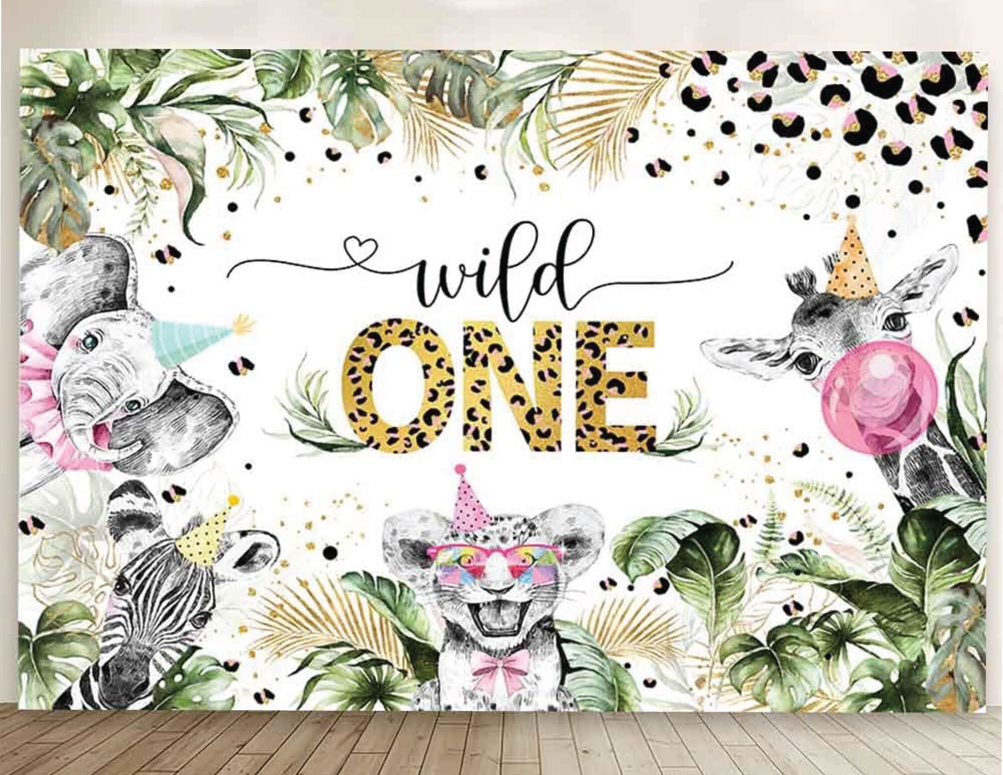 Wild One Backdrop Girl Jungle Safari Animals Leopard Print 1st Birthday ...