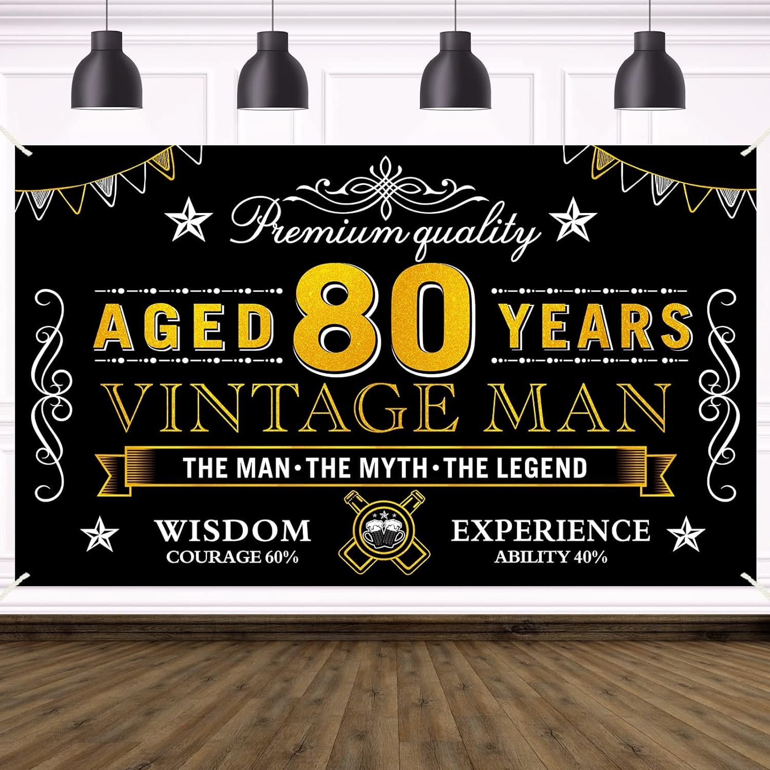 Black and Gold 80th Birthday Banner Backdrop Mens 80th Birthday ...