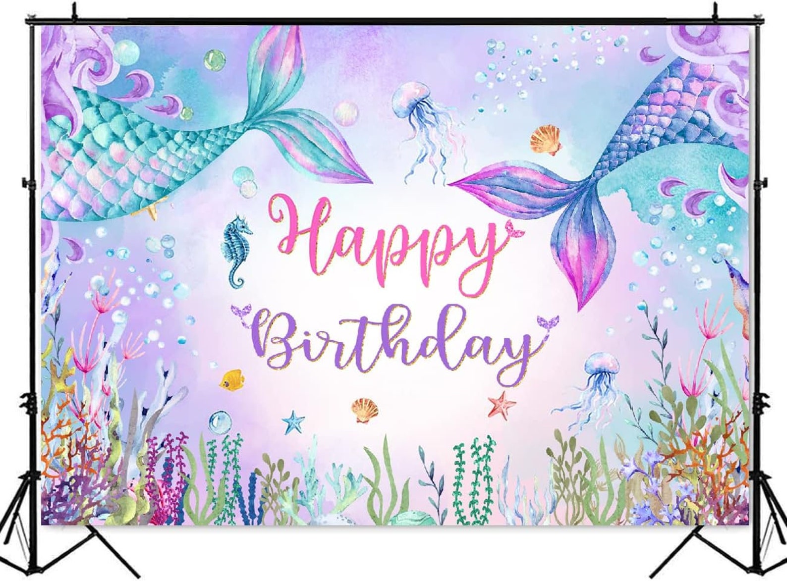 Mermaid Birthday Backdrop Banner, Blue Purple Mermaid Tails Backdrop ...
