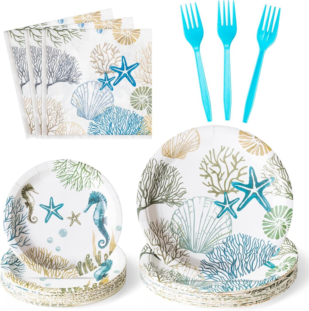 Seashell Party Plates, Napkins, Forks Disposable Tableware Serves 24 ...