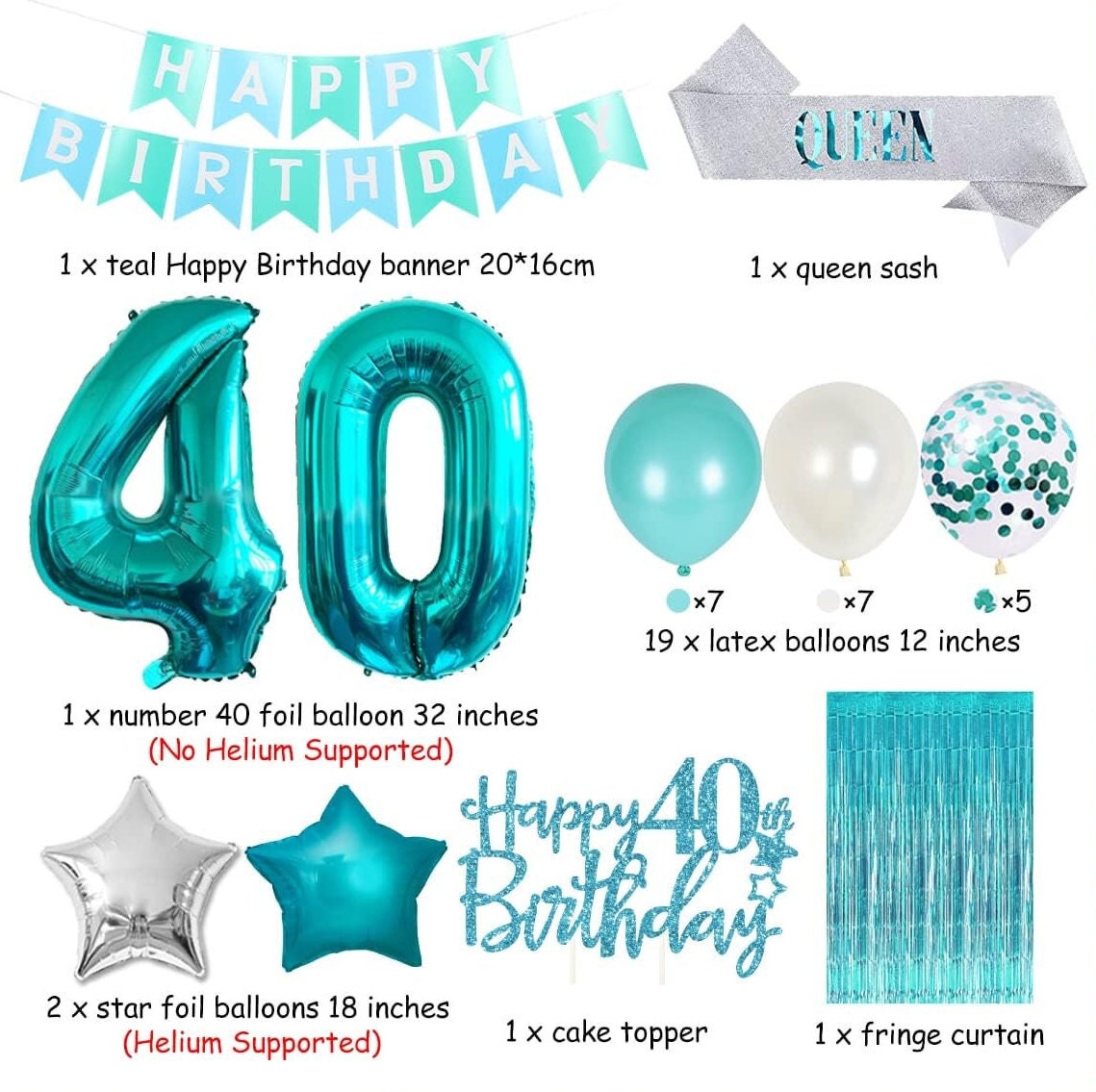 40th Birthday Decorations Teal and Silver, Teal Blue Number 40 Balloon ...