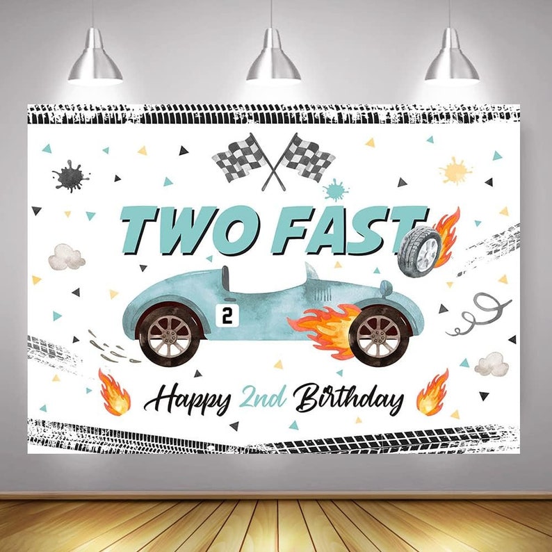 Two Fast Birthday Backdrop Banner, Race Car Boys 2nd Birthday Party ...