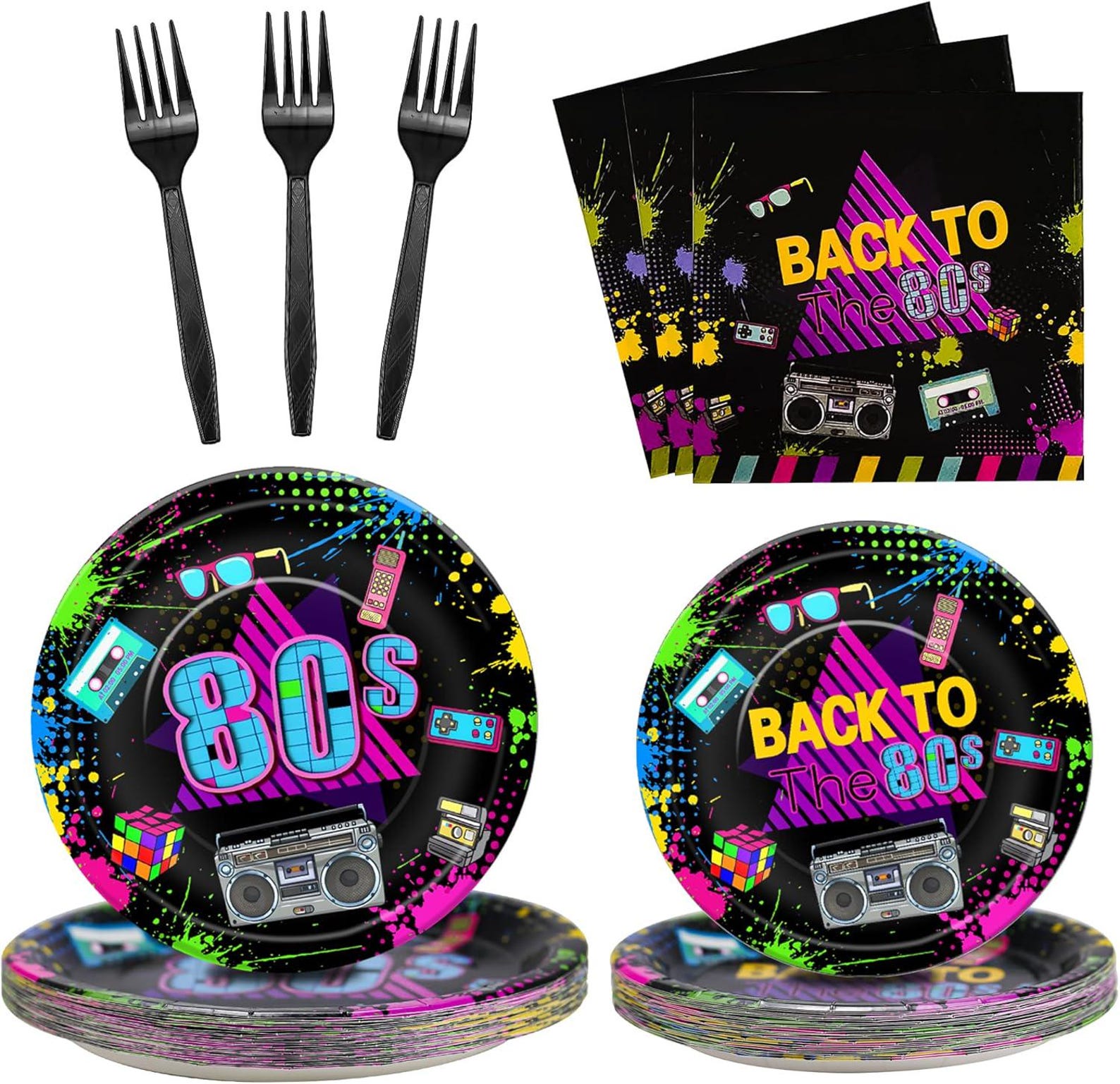 80's Party Plates, Napkins, Forks Disposable Tableware Serves 24, Back ...