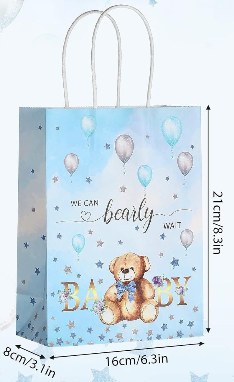 Blue Teddy Bear Baby Shower Favor Bags 16 Pack, We Can Bearly Wait Gift ...