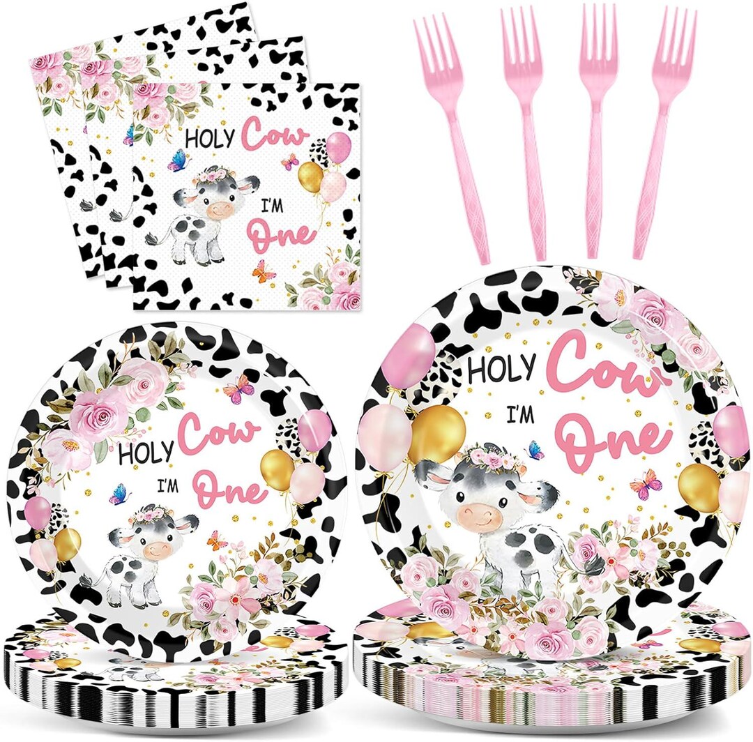 Holy Cow I'm One Birthday Plates, Napkins, Forks Disposable Tableware ...