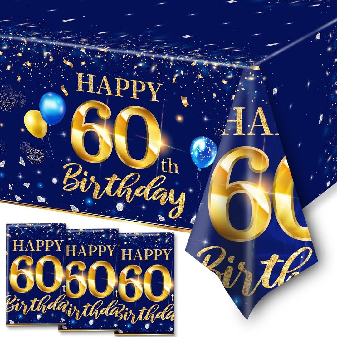 60th Birthday Tablecloth 3 Pack, Disposable Navy Blue and Gold 60th ...