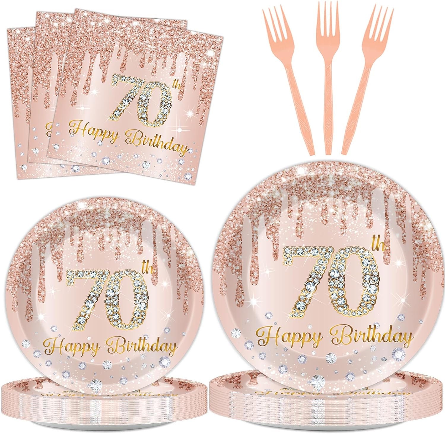 Rose Gold 70th Birthday Party Plates, Napkins, Forks Disposable ...