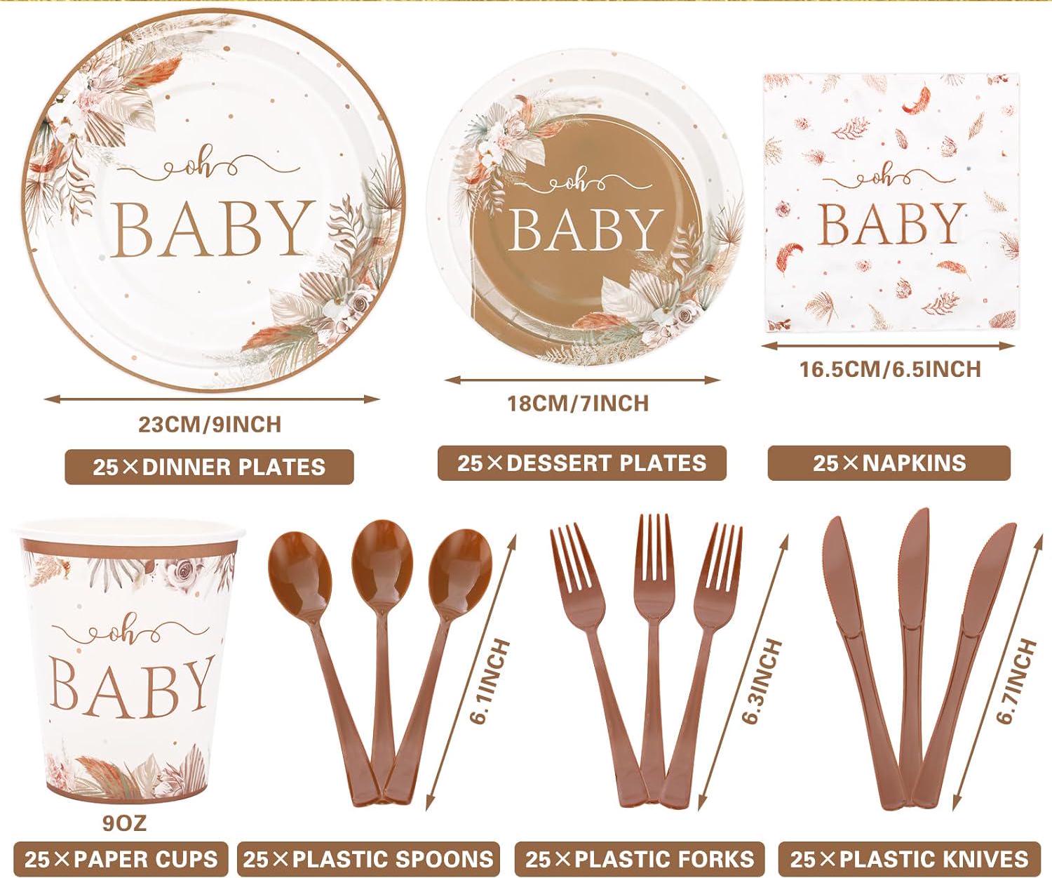 Boho Baby Shower Plates, Napkins, Cups Disposable Tableware Serves 25 ...