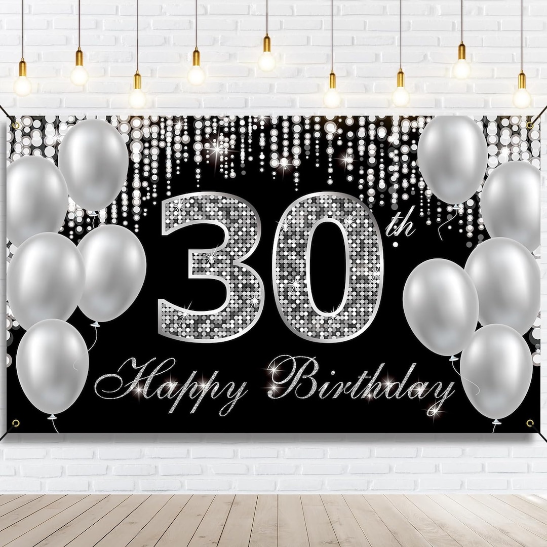 30th Birthday Banner Backdrop Decorations Men Women Black and Silver ...