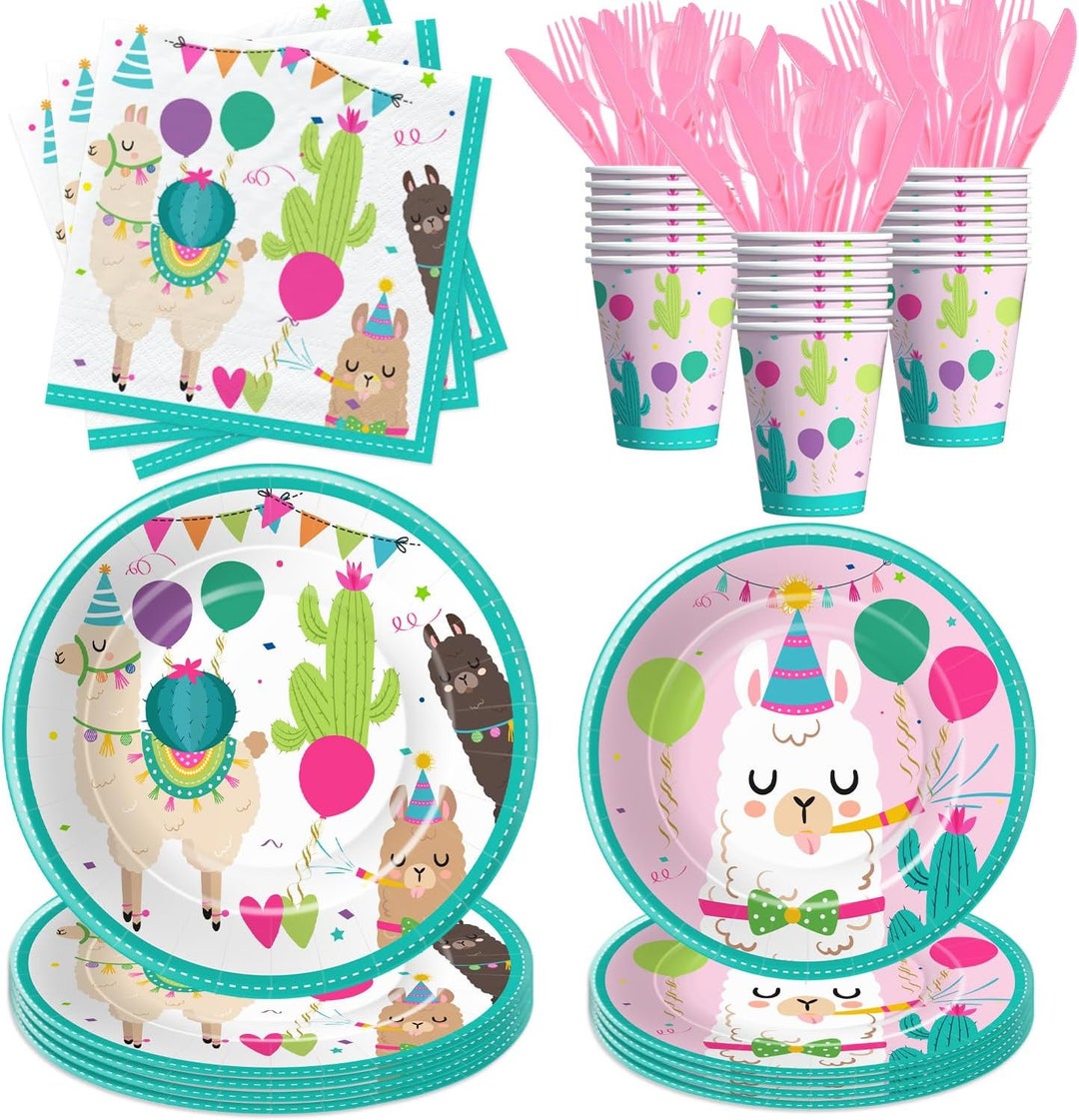 Llama Birthday Plates, Napkins, Cups Disposable Tableware Serves 24 ...