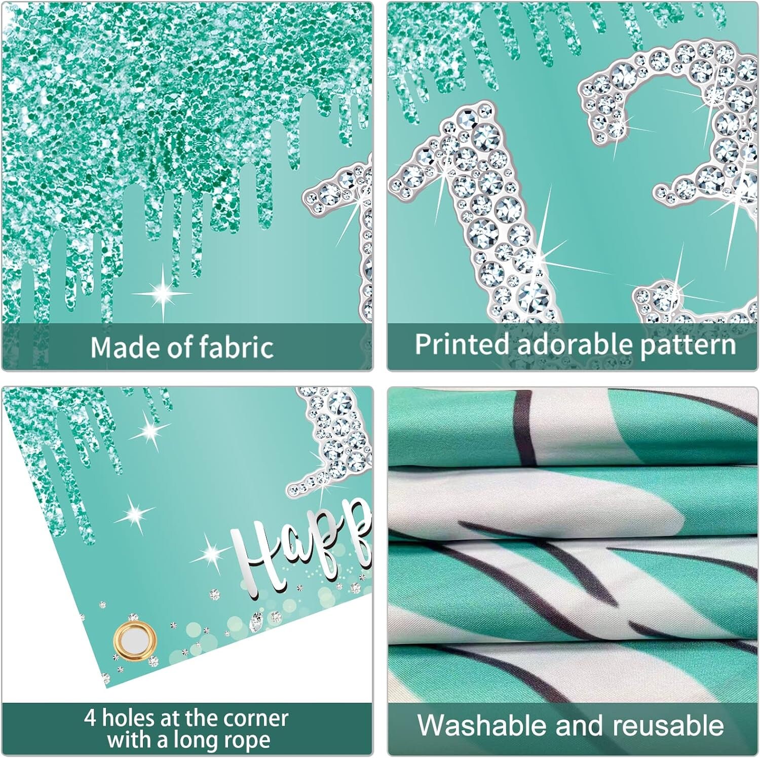 13th Birthday Banner Backdrop Teal and Silver Happy 13th Birthday ...