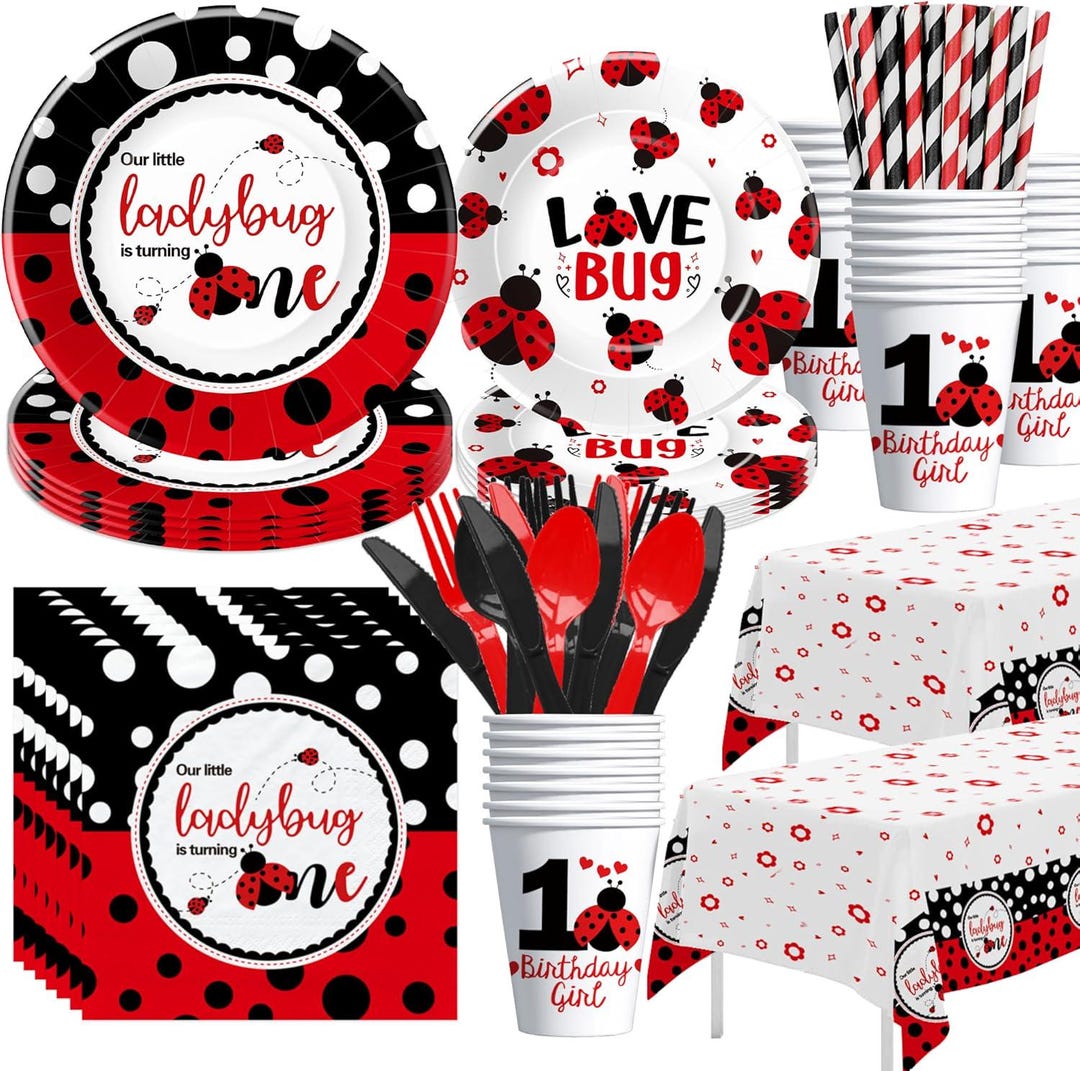 Ladybug 1st Birthday Party Plates, Napkins, Cups, Tablecloth Disposable ...