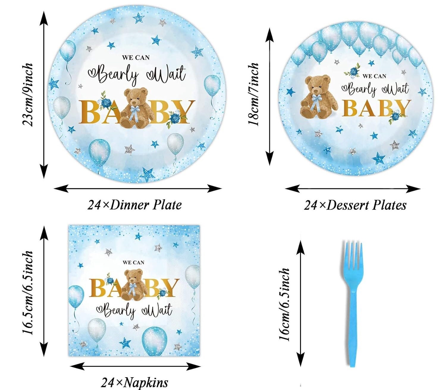 Blue Teddy Bear Baby Shower Tableware Serves 24, We Can Bearly Wait ...
